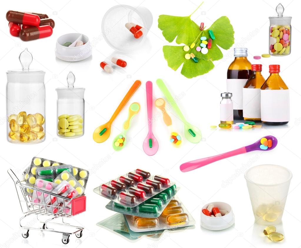 collage de productos farmacéuticos aislado en blanco — Foto de stock ...