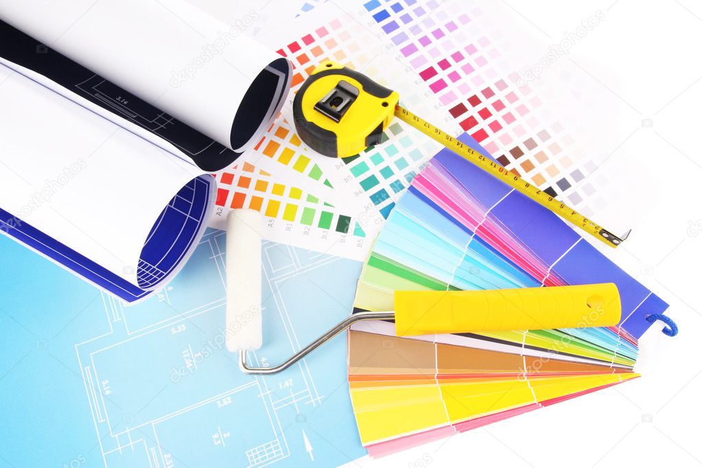 Drawings with tools and color samples close up Stock Photo by ...