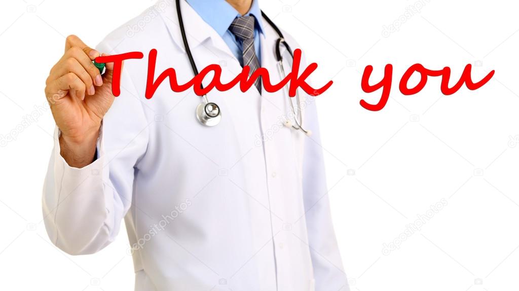 Doctor writing Thank you on transparent board — Stock Photo ...