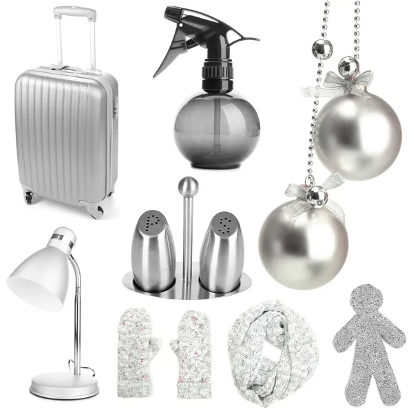 Collage de diferentes objetos en tonos de gris, aislados en blanco 2024