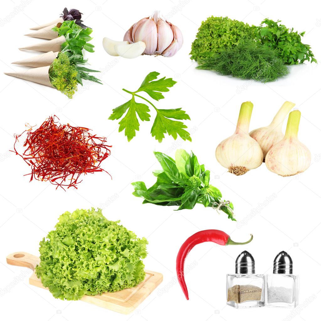 Collage de hierbas y especias aisladas en blanco 2022
