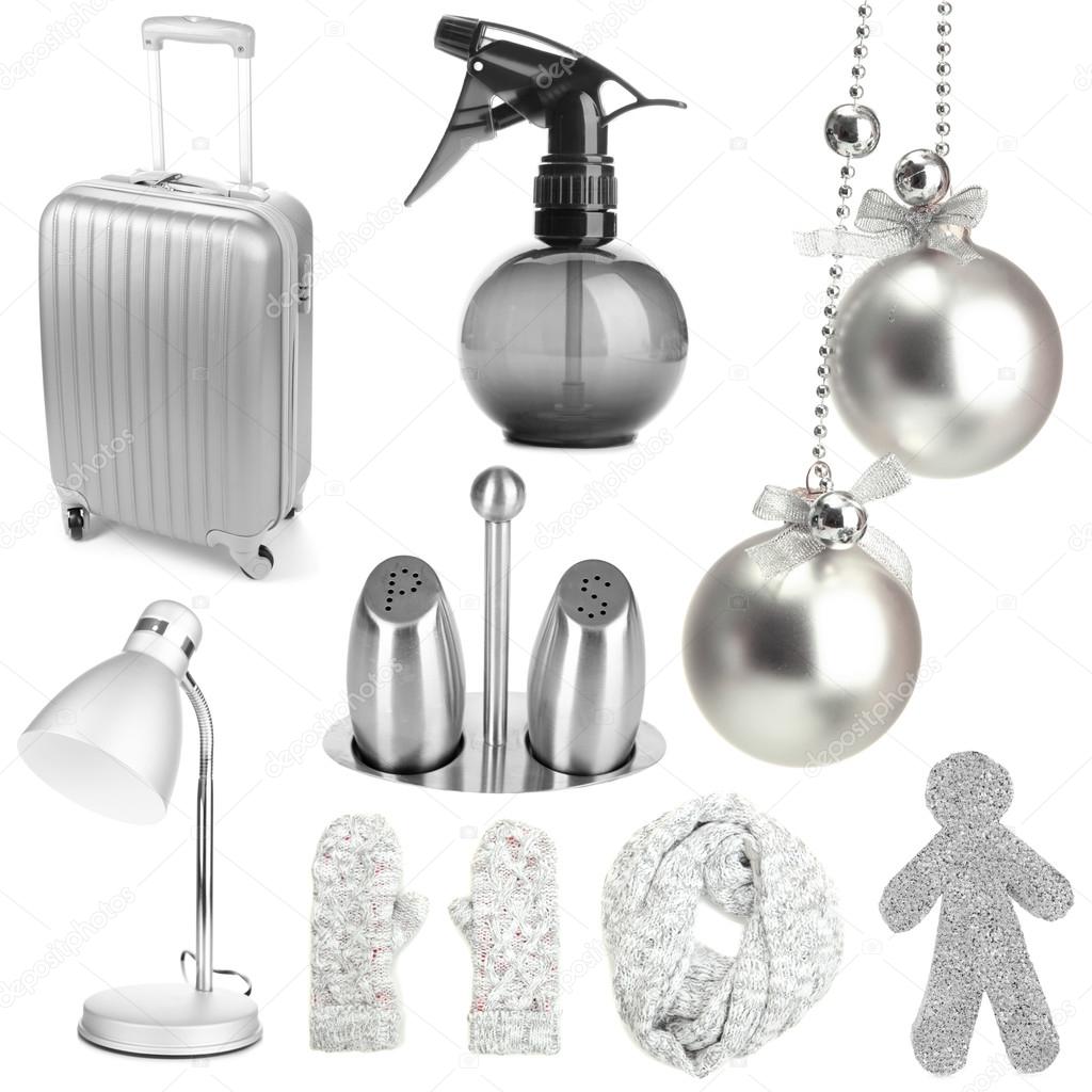 Collage de diferentes objetos en tonos de gris, aislados en blanco 2024