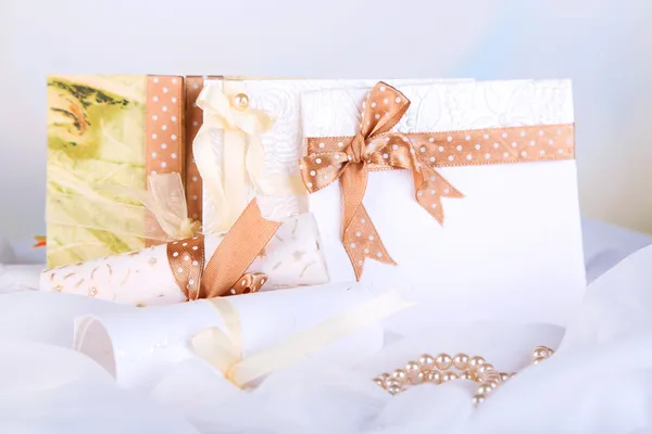 Beautiful handmade wedding cards in box, on light background — Stock ...