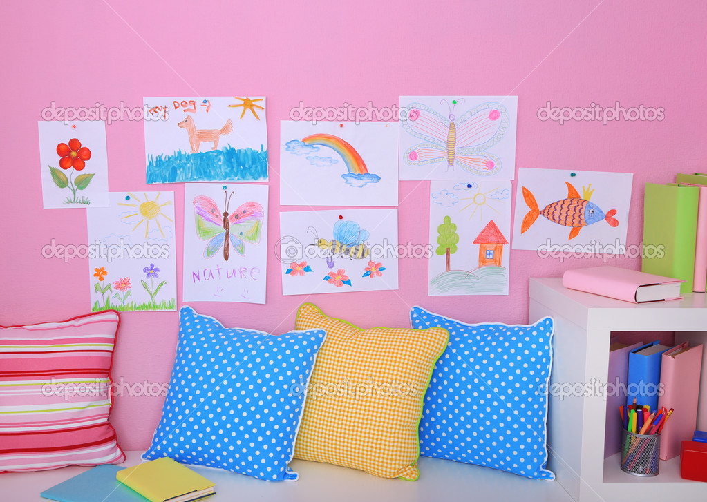 Interior of classroom in pink tones at school Stock Illustration by ...
