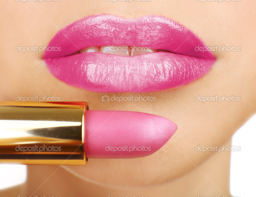 Beautiful female lips with lipstick, close up Stock Photo by ...