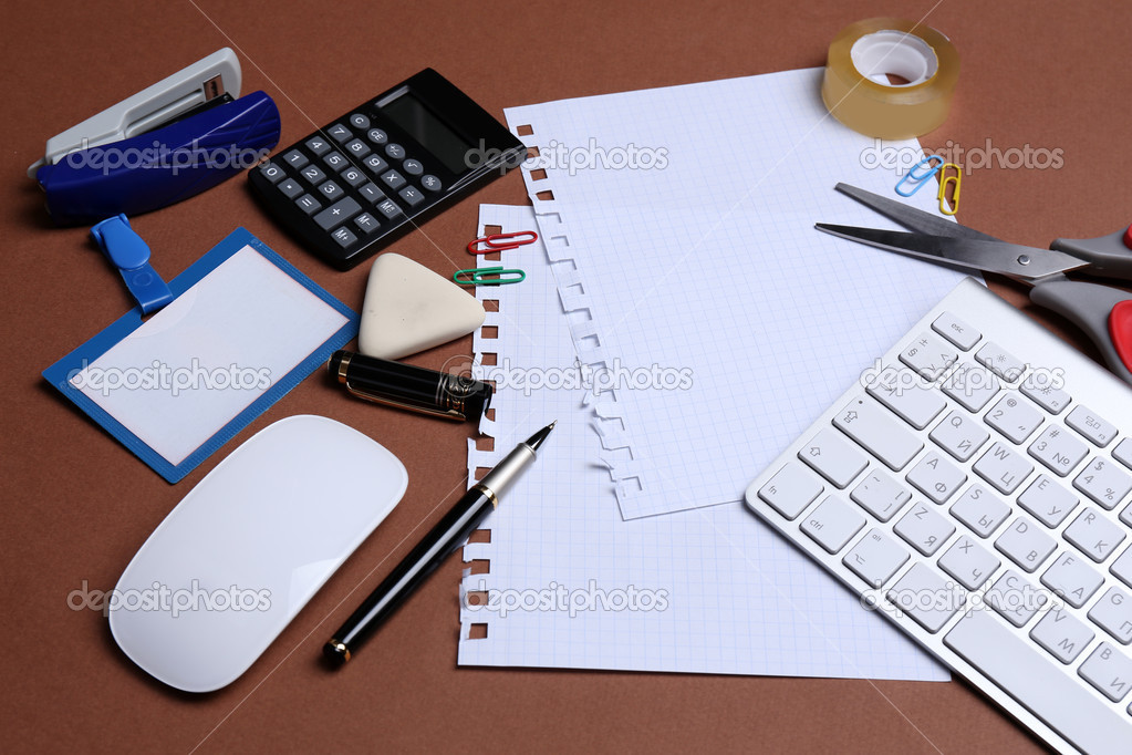 Office table with stationery accessories, keyboard and paper Stock ...
