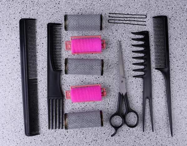 Professional hairdresser tools on gray background Stock Photo by ...