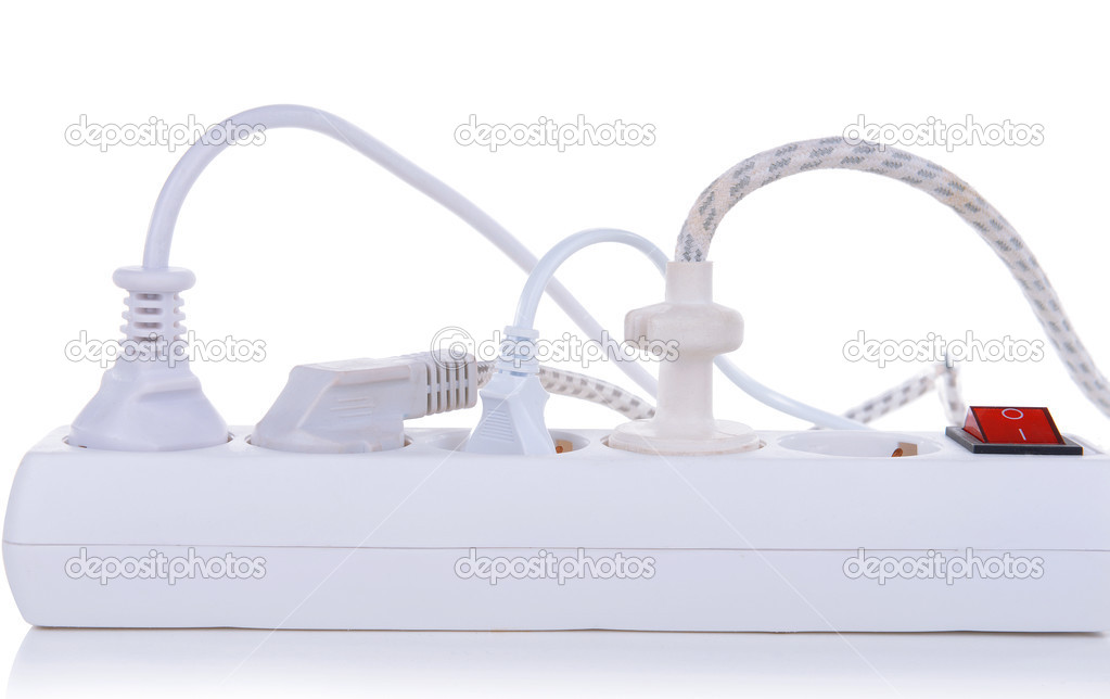 Many plugs plugged into electric power bar close-up — Stock Photo ...