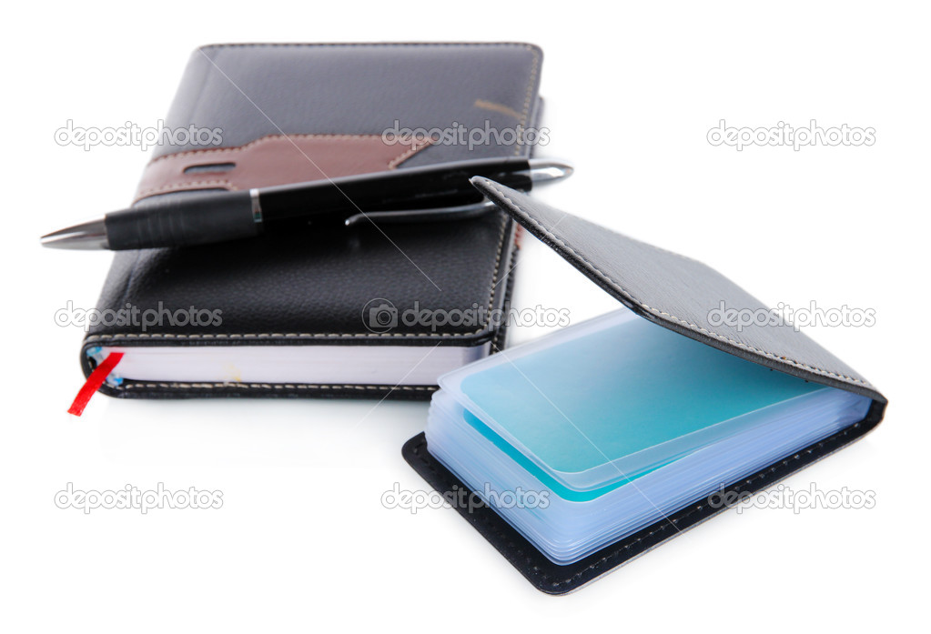 Black business card holder notebook and pen close-up — Stock Photo ...