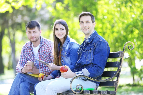 Happy students sitting in park - Stock Image - Everypixel