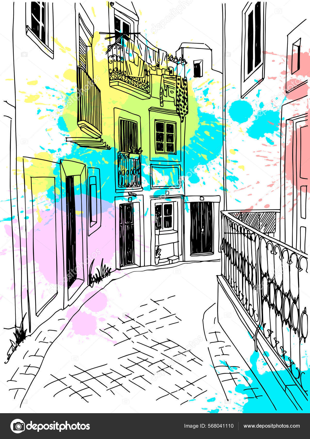 Urban Background Hand Drawn Sketch Style Old Street Romantic Alfama ...