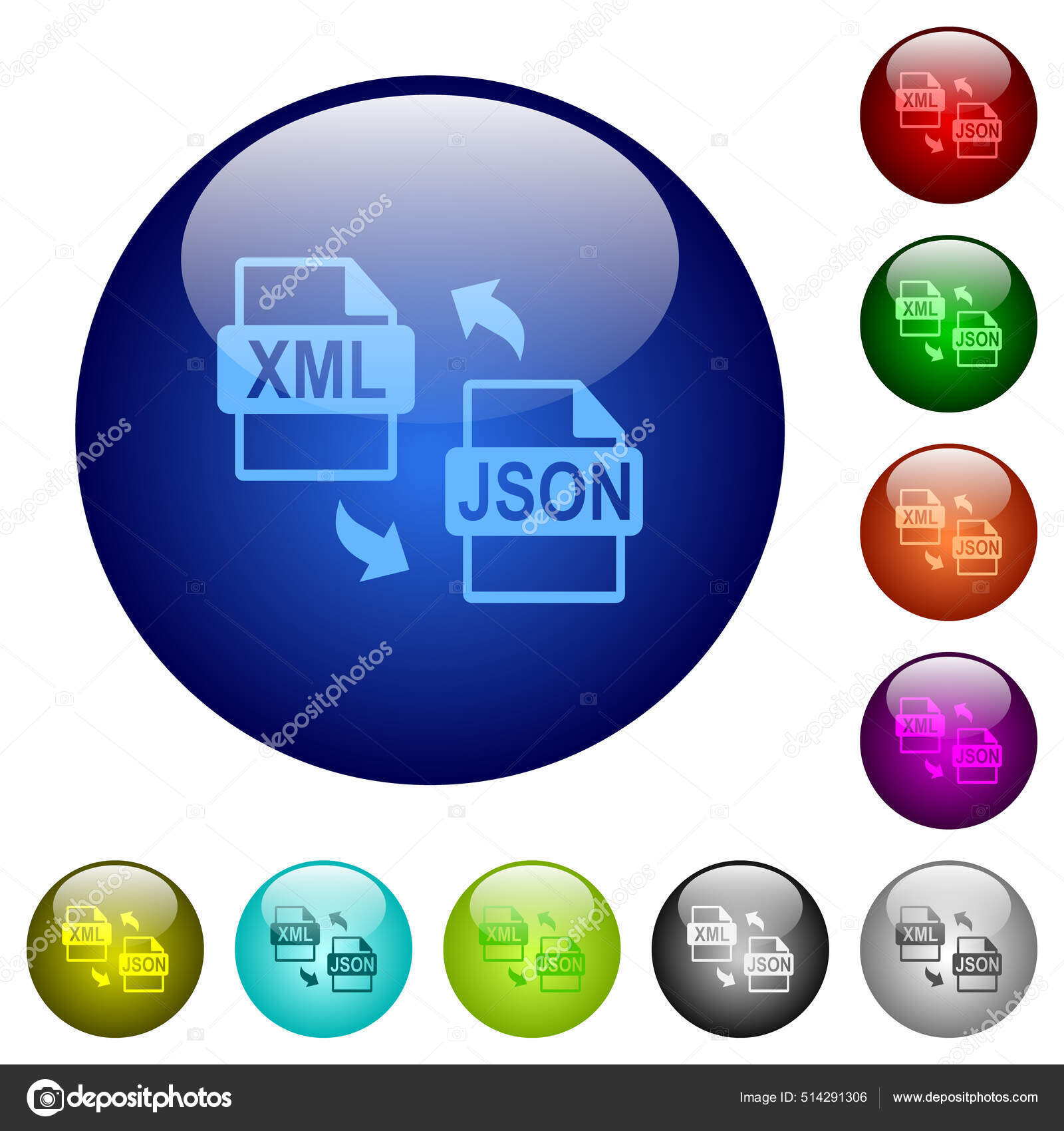 Xml Json File Conversion Icons Glass Buttons Multiple Colors Arranged ... Xml Json File Conversion Icons Glass Buttons Multiple Colors Arranged ...