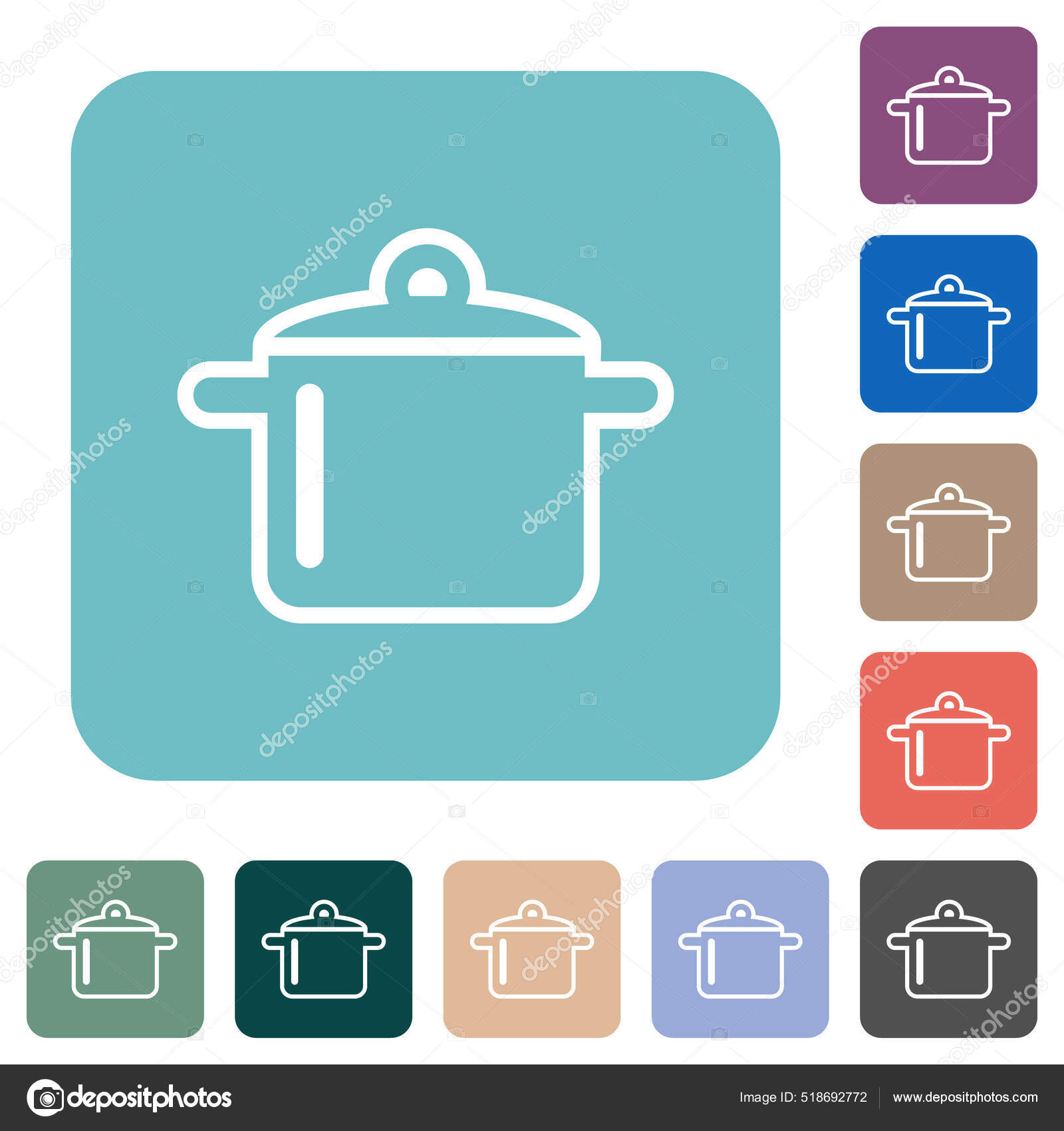 Cooking Pot Outline White Flat Icons Color Rounded Square Backgrounds ...