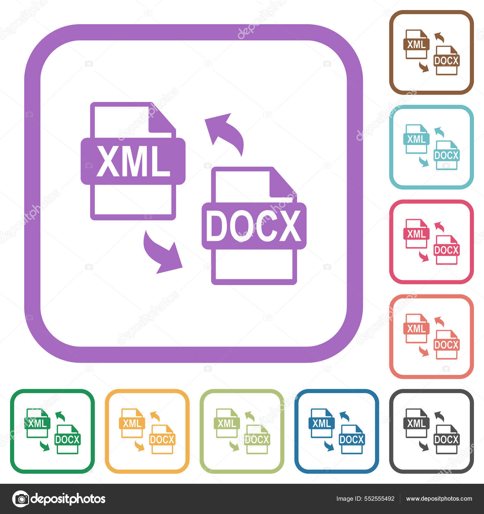 Xml Docx File Conversion Simple Icons Color Rounded Square Frames Stock ...