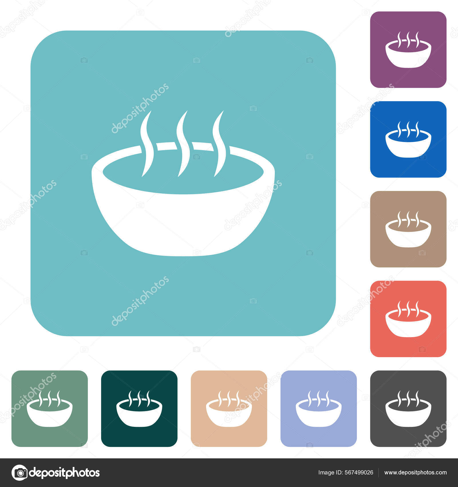 Steaming Bowl White Flat Icons Color Rounded Square Backgrounds Stock ...