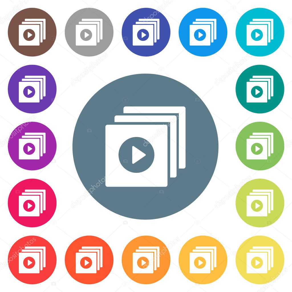 Play files solid flat white icons on round color backgrounds. 17 background color variations are ...