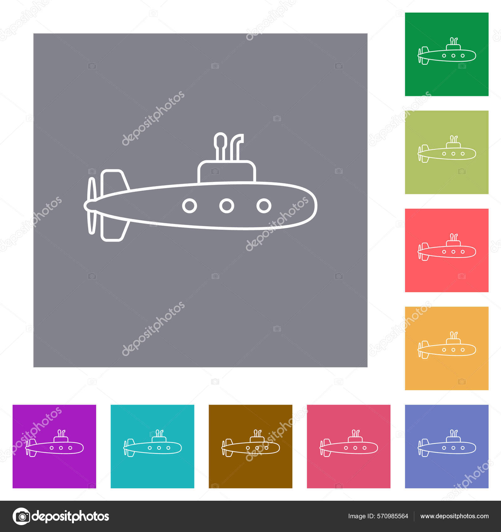 Submarine Outline Flat Icons Simple Color Square Backgrounds Stock ...