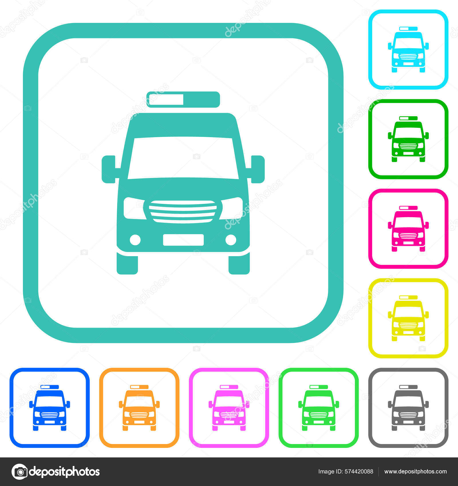 Ambulance Car Front View Vivid Colored Flat Icons Curved Borders Stock ...