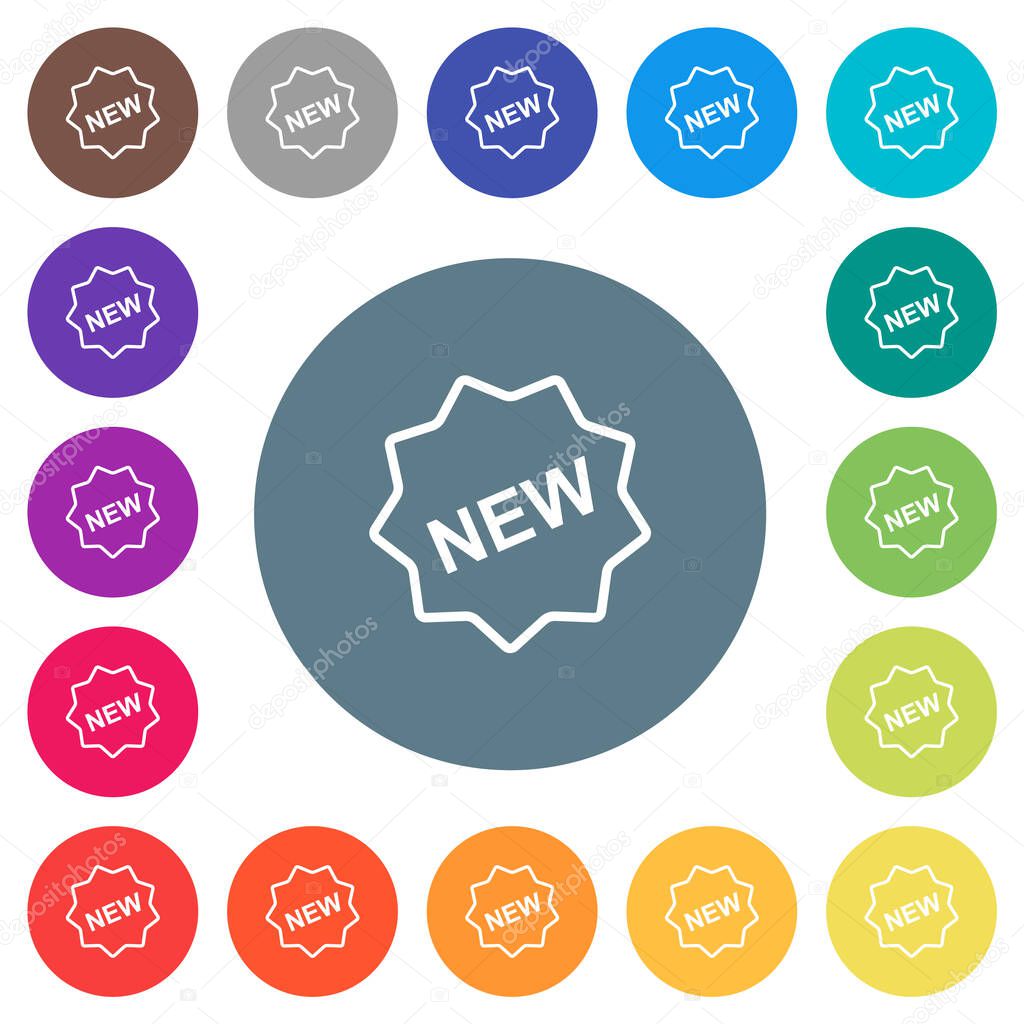 Nueva insignia esboza iconos blancos planos sobre fondos de color ...