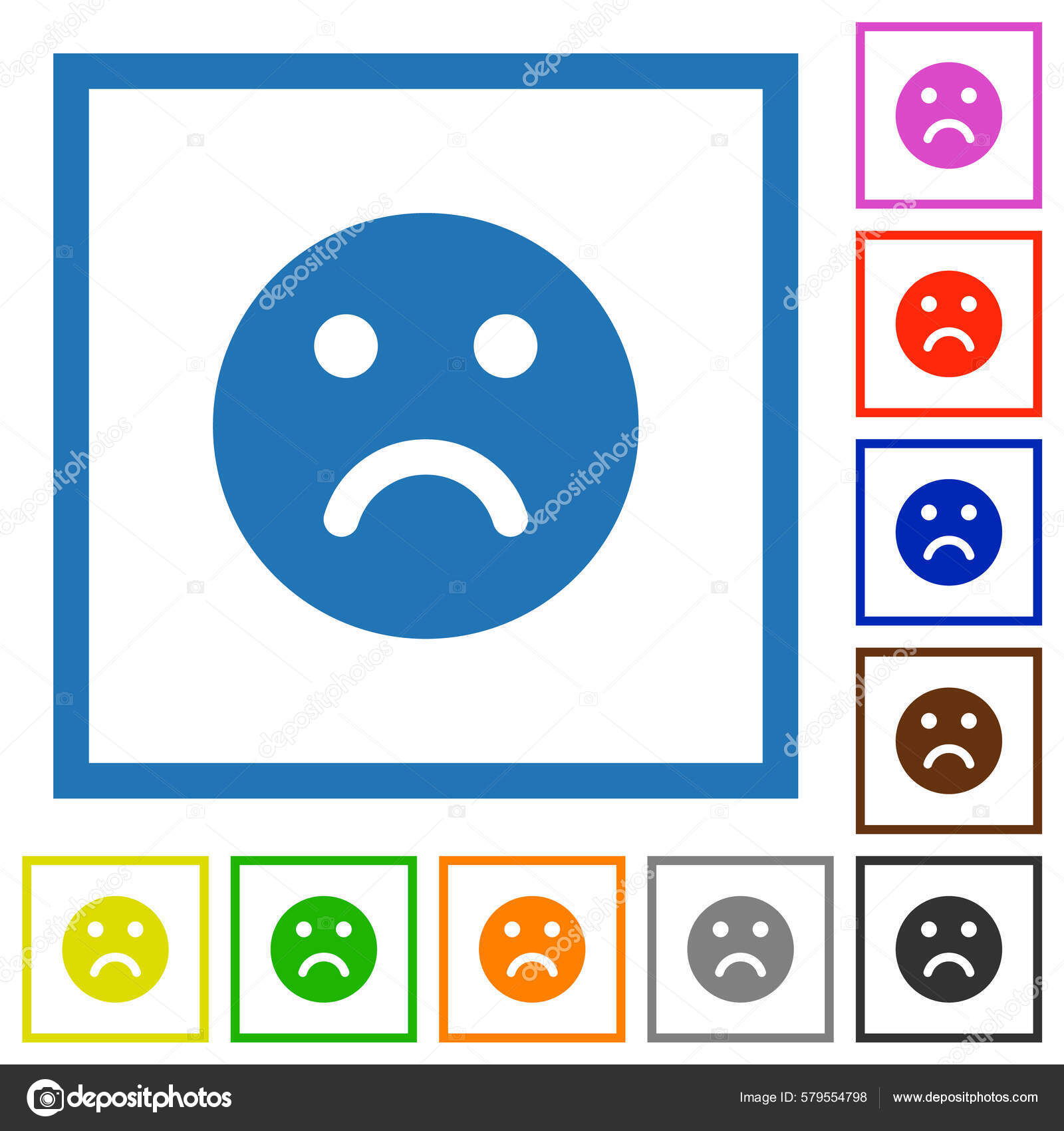 Sad Emoticon Solid Flat Color Icons Square Frames White Background ...