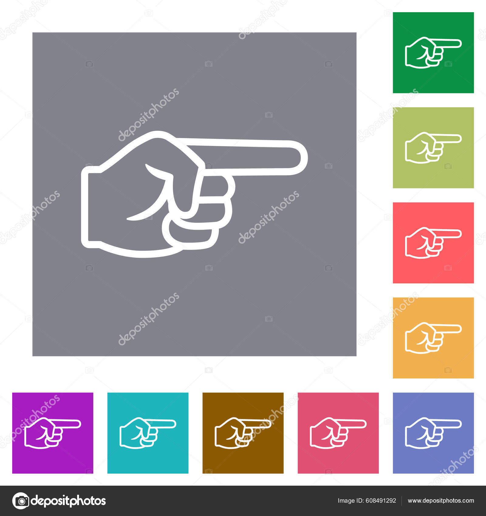 Right Pointing Hand Outline Flat Icons Simple Color Square Backgrounds Stock Vector by ...
