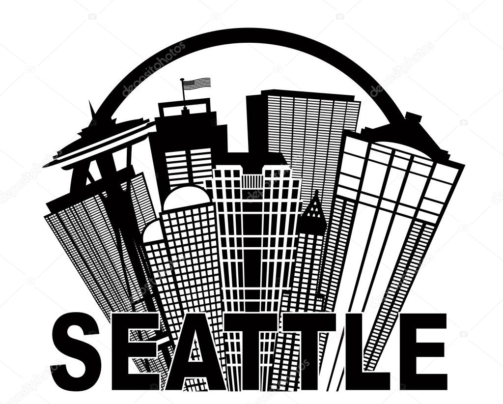 Seattle Abstract Skyline in Circle Black and White Illustration Stock ...