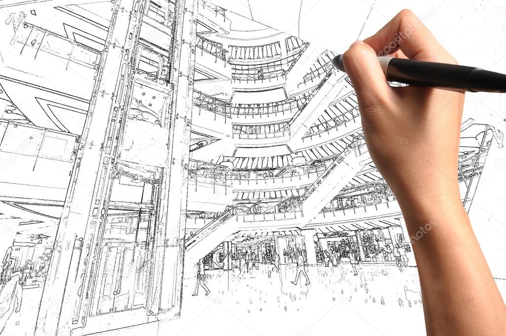 Male Hand Draw Building Interior Design — Stock Photo © thampapon1 ...