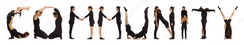 Black dressed people forming COMMUNITY word over white — Stock Photo ...