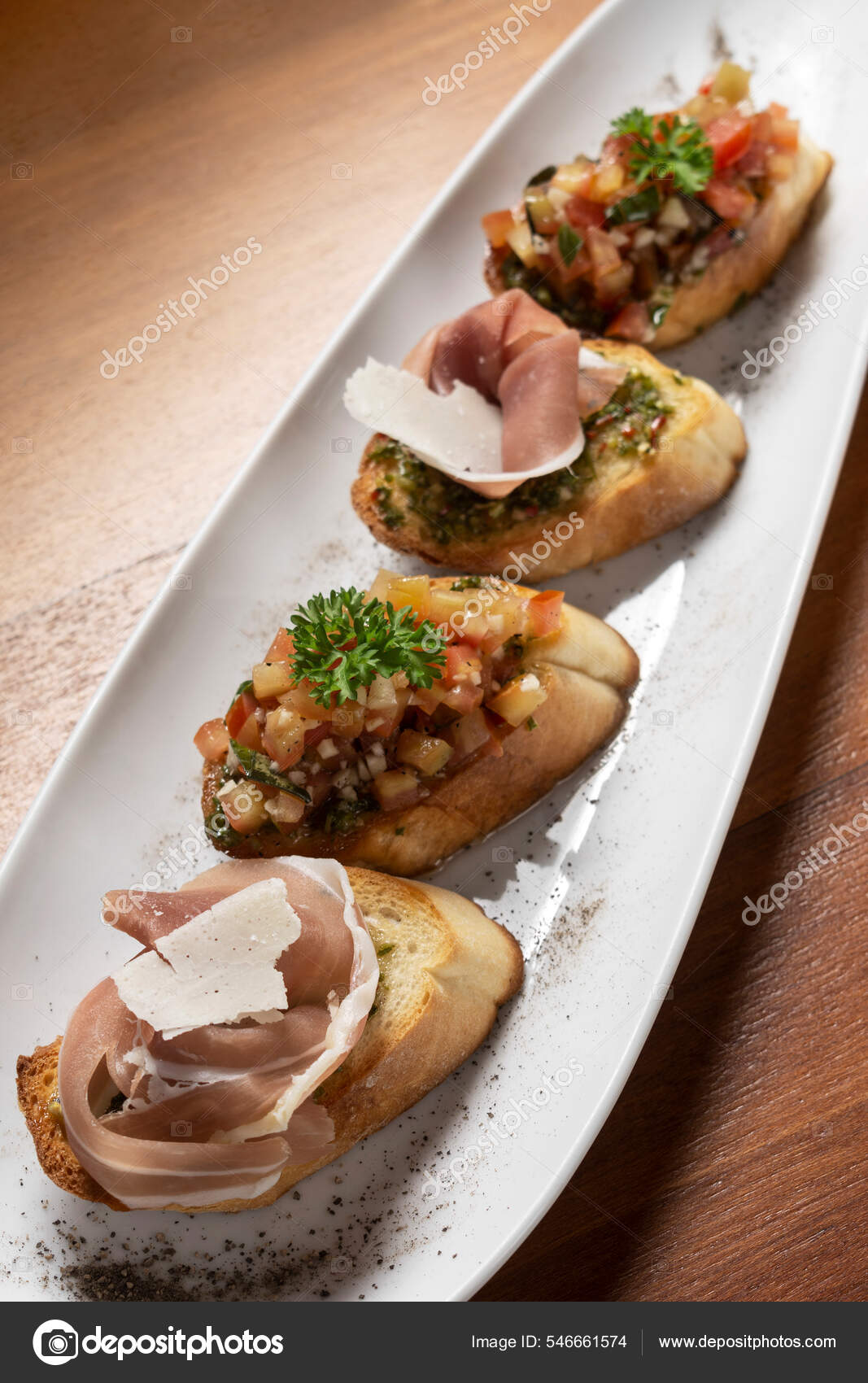 Basque Pinchos Tapas Jamon Serrano Ham Tomato Bruschetta Wood Table ...