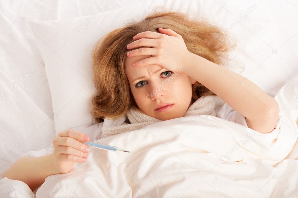 Woman with thermometer sick colds, flu, fever in bed Stock Photo by ...