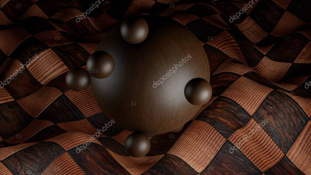 Tablero de ajedrez curvado con esfera lisa marrón levitante rodeada de ...