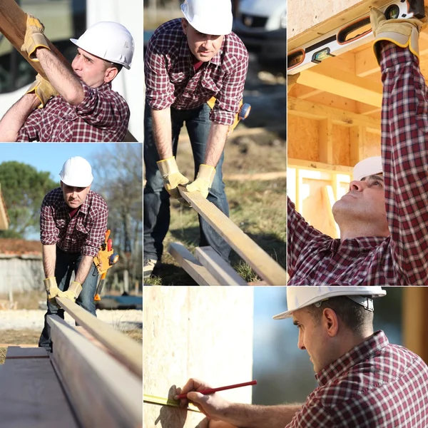 Montage of builder working on wooden house frame - Stock Image - Everypixel