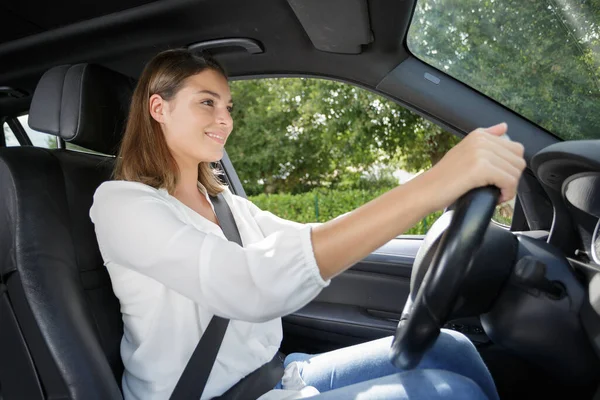 Annoyed Female Driver Looking Her Rear View Mirror — Stock Photo ...