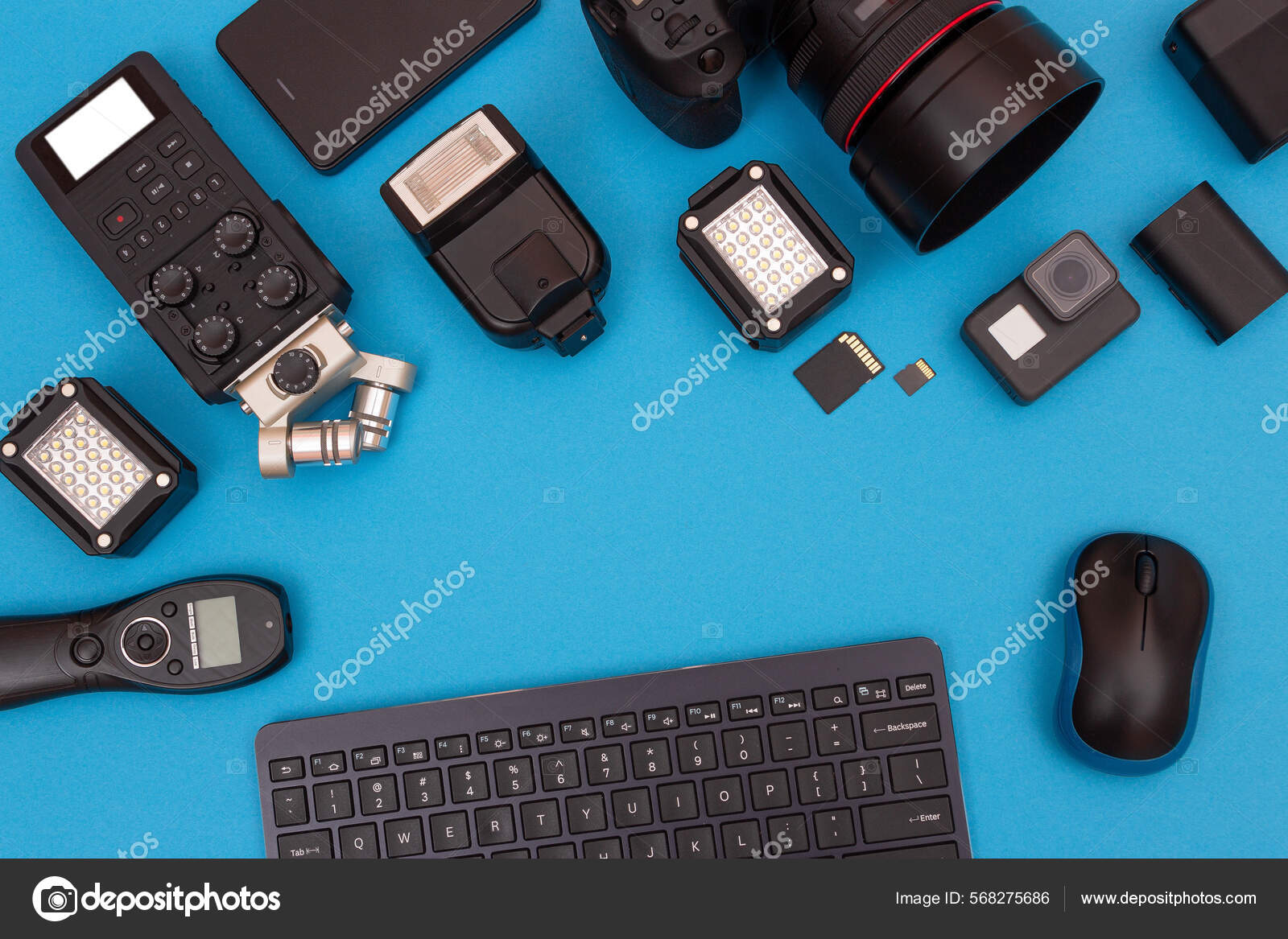 Workplace With Digital Gadgets on Blue Table — Stock Photo ...