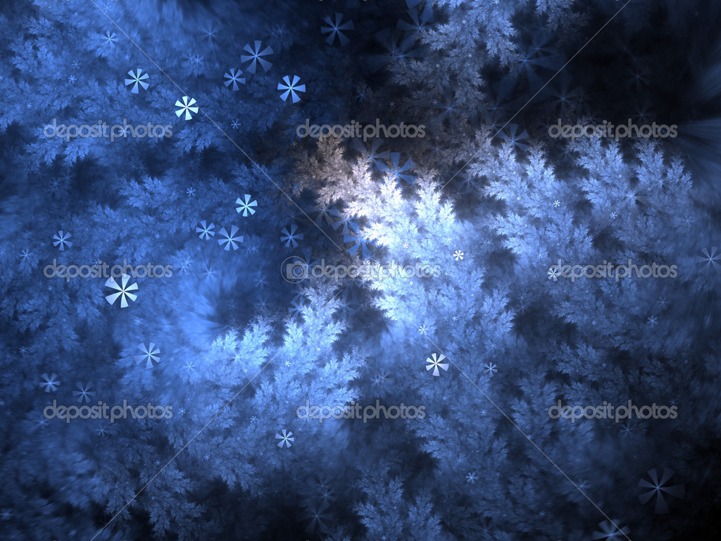 Fractal tree branches with falling snow in night, digital artwork for ...
