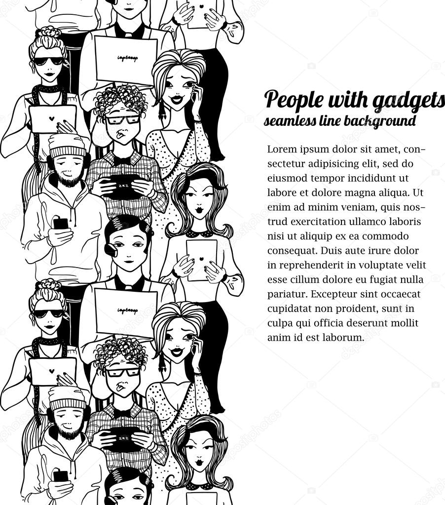 Doodle crowd with gadgets seamless line. Stock Vector Image by ...