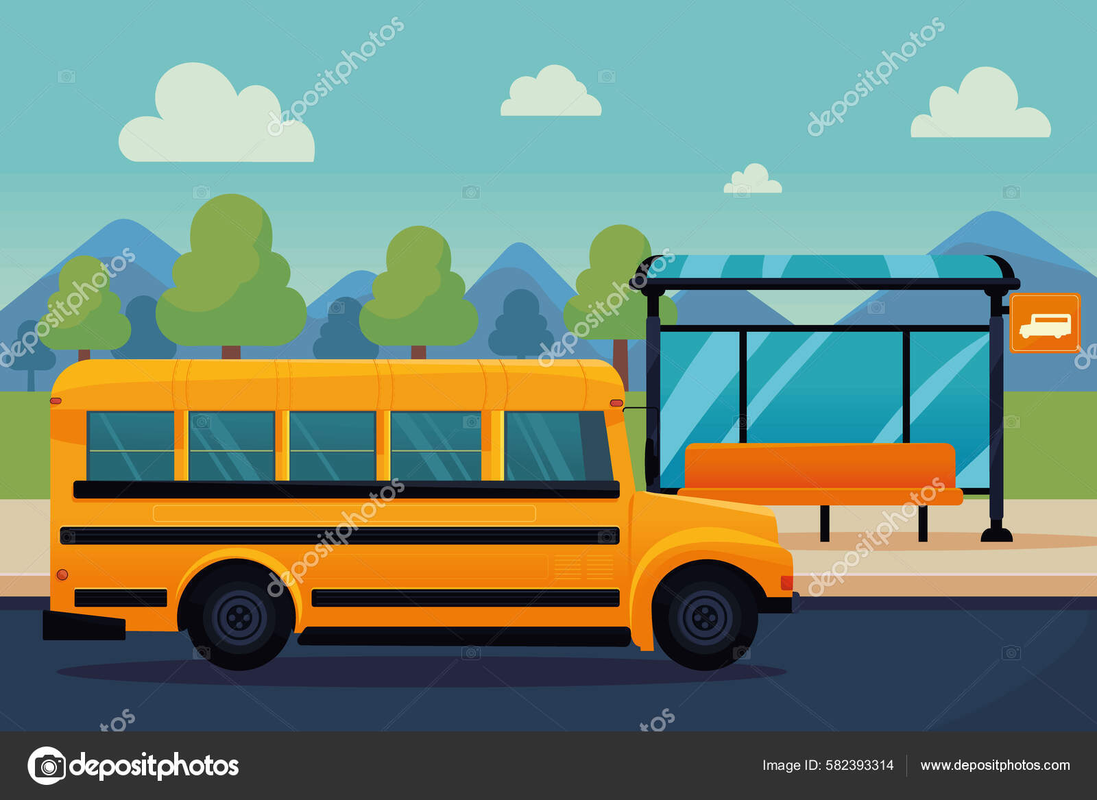 School Bus Bus Stop Icon Stock Vector Image by ©stockgiu #582393314