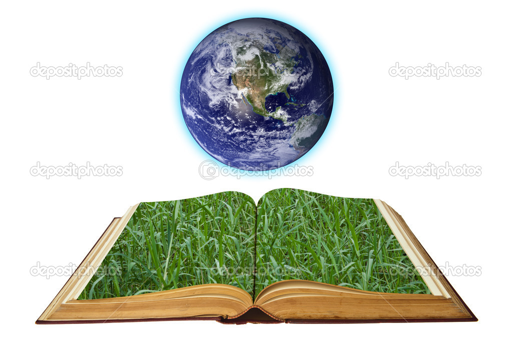Opened old book with earth isolated on white background Stock Photo by ...