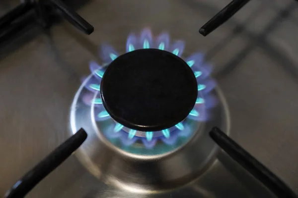 Close-up of a flame of methane gas stove in a domestic kitchen related ...