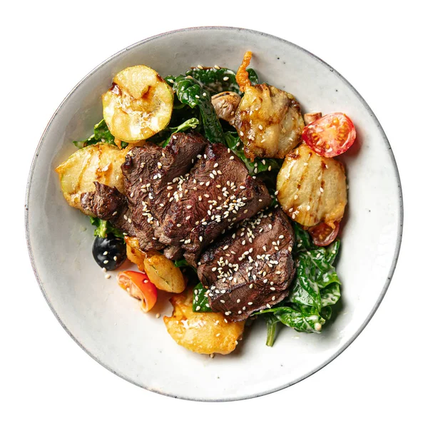 Isolated portion of roast beef dish with vegetables garnish - Stock ...