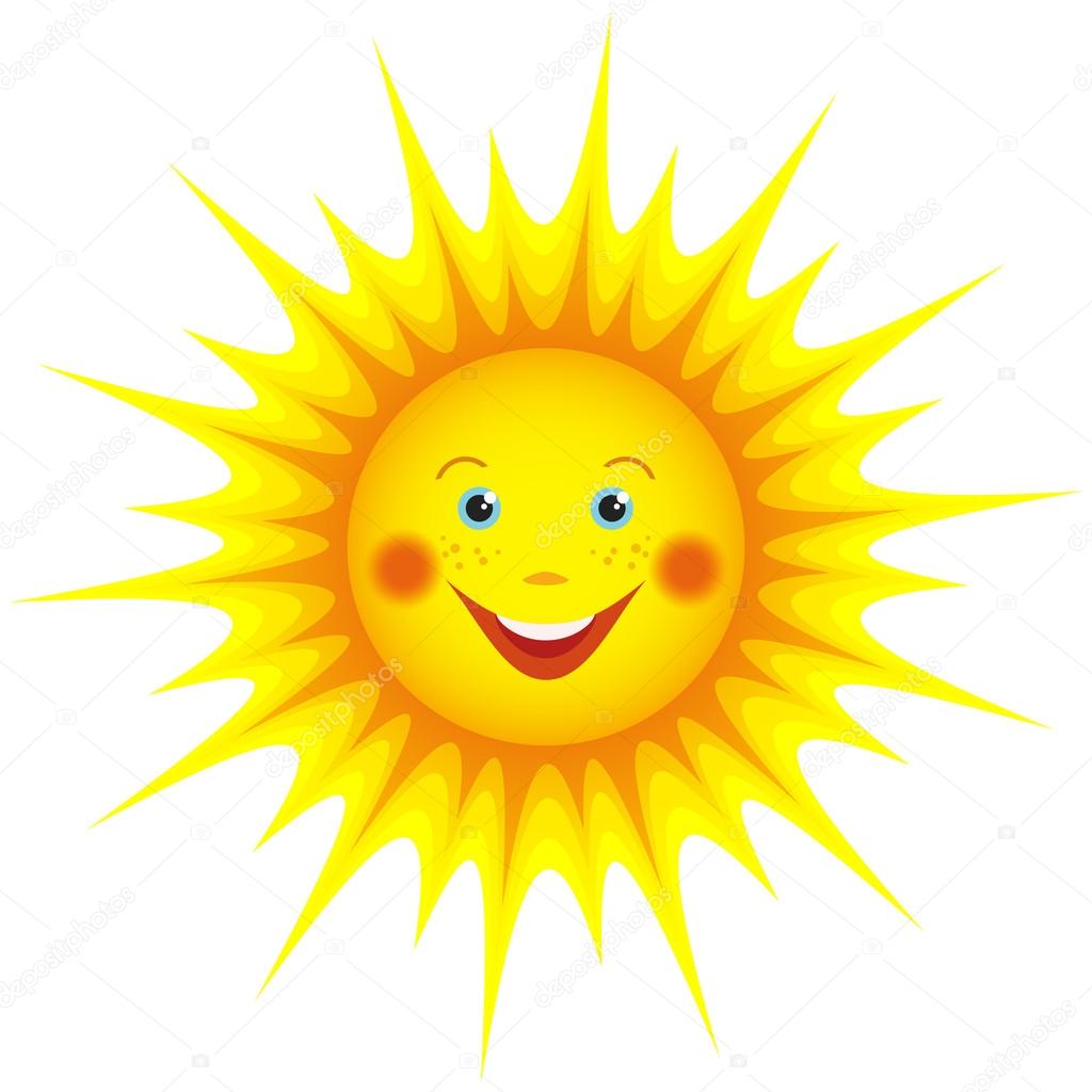 Caricatura sonriente del sol aislado sobre blanco 2023