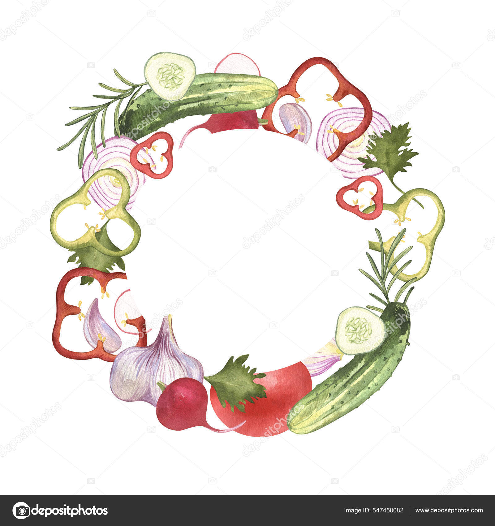 Eco food set menu frame. Watercolor hand drawn vegetables, garlic ...