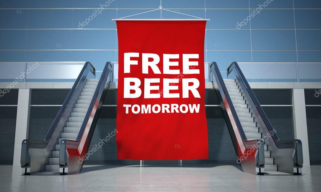 Free beer advertising flag and escalator — Stock Photo © leszekglasner ...