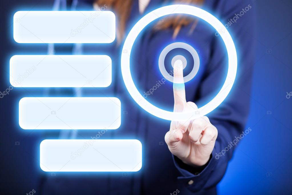Woman's hand pushing the button on touch screen Stock Photo by ...