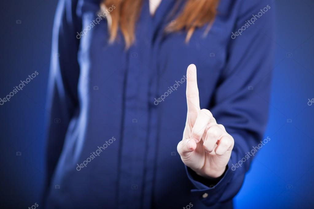Woman's hand with one finger, warning symbol Stock Photo by ...