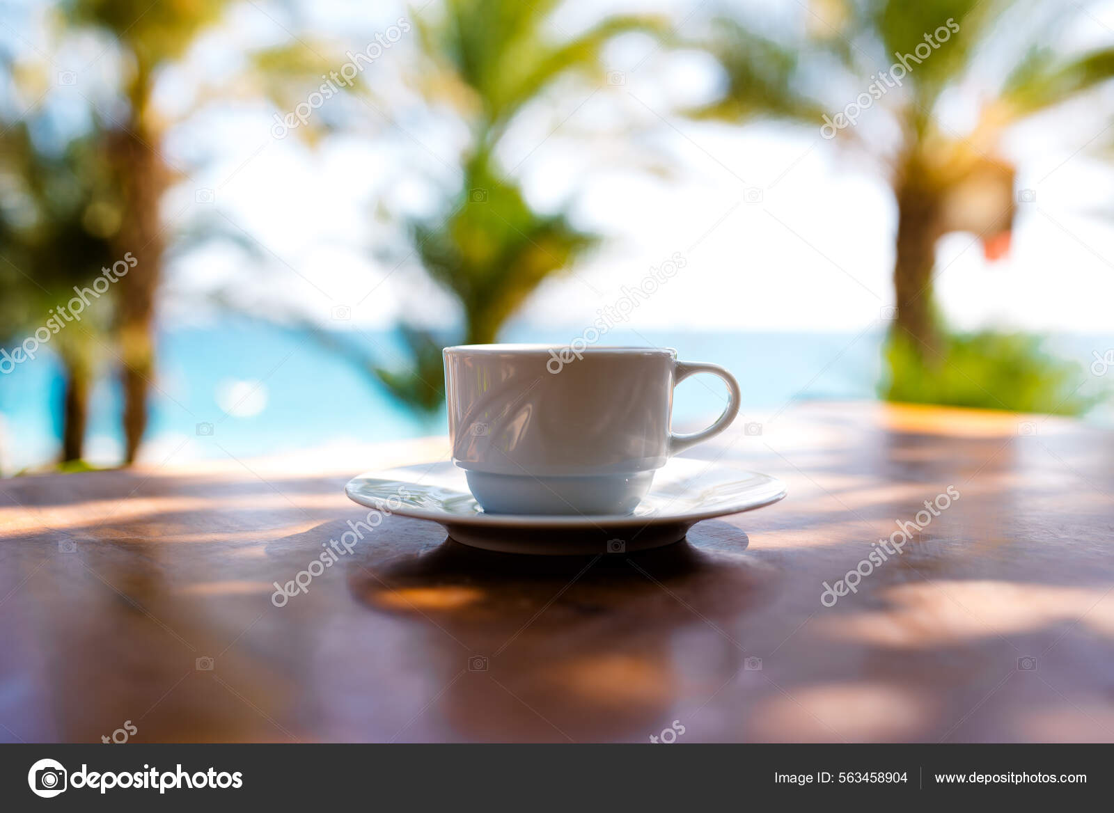 Cup Coffee Background Ocean — Stock Photo © fotofrol #563458904