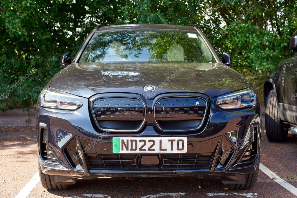 UK, Newcastle, 27 August 2022: Radiator grille of electric crossover ...