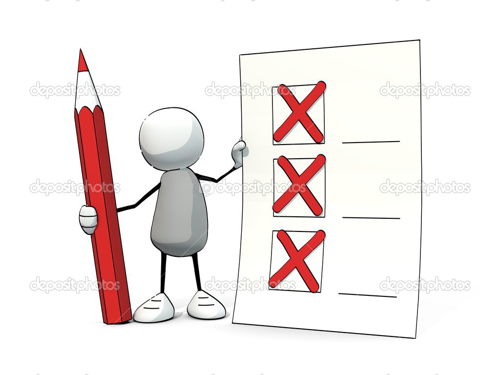 Pequeño hombre incompleto con lápiz rojo y lista de verificación ...