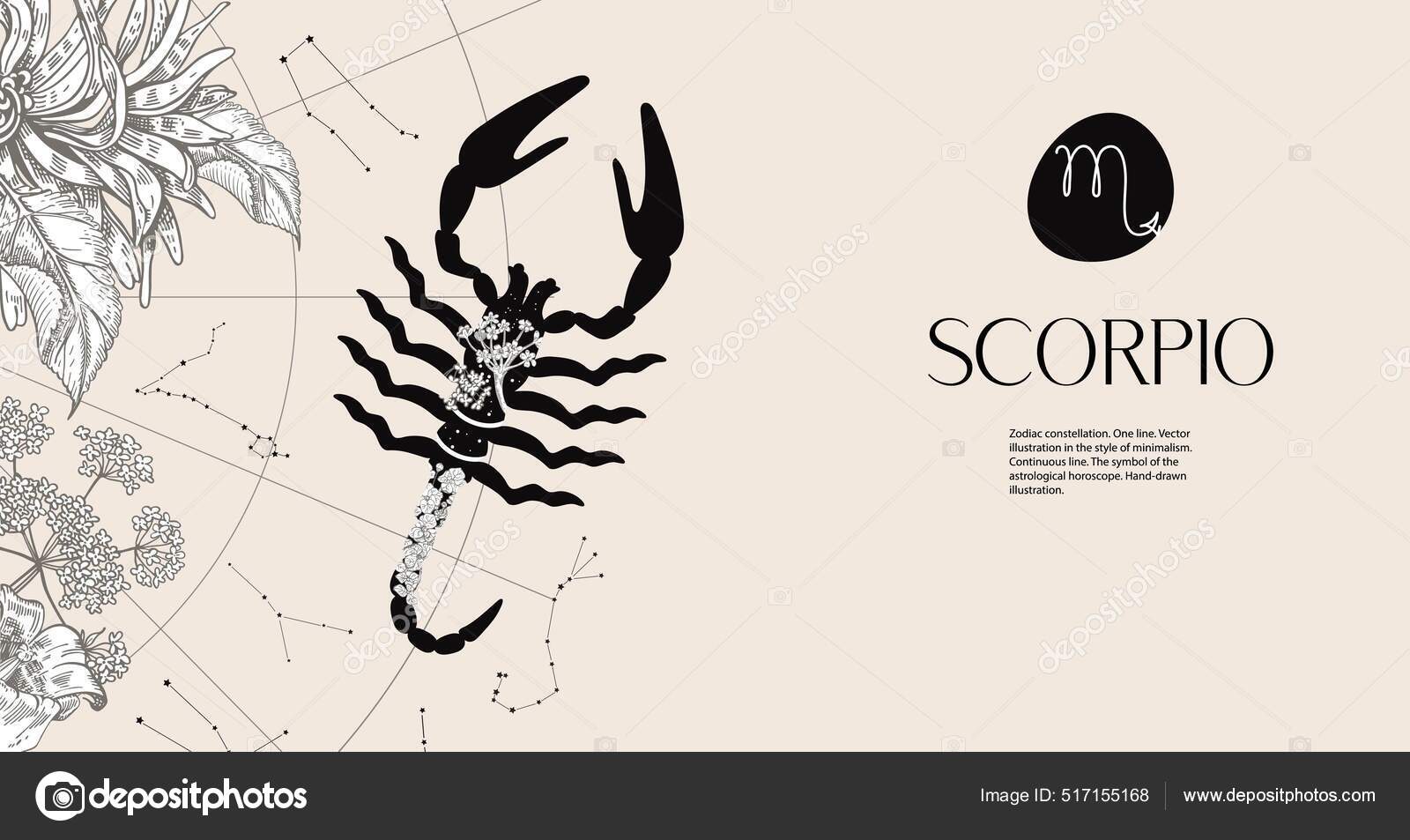Zodiac sign Scorpio. Black silhouette of a lion with white flowers ...