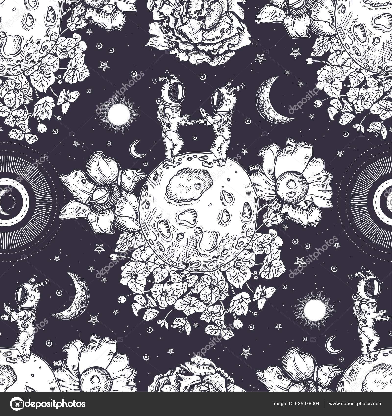 Two astronauts, planets and flowers. Seamless pattern. Space ...